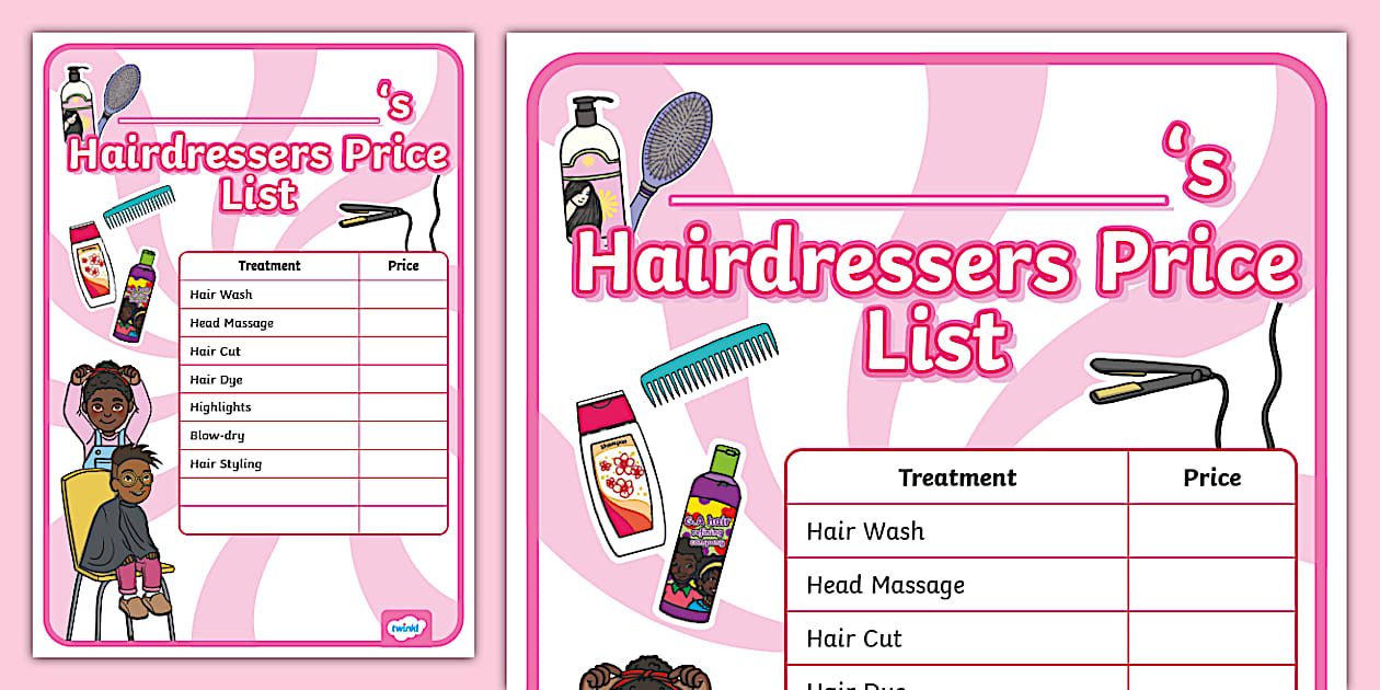 Hairdressers Role Play Price List Writing Sheet
