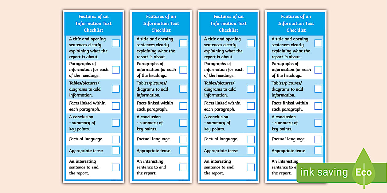 Features of an Information Text Checklist Bookmark - Twinkl