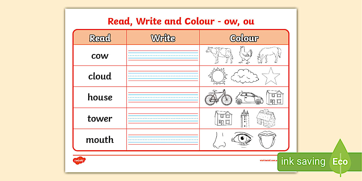 Ow and Ou Worksheets PDF | Read write and Colour Activity