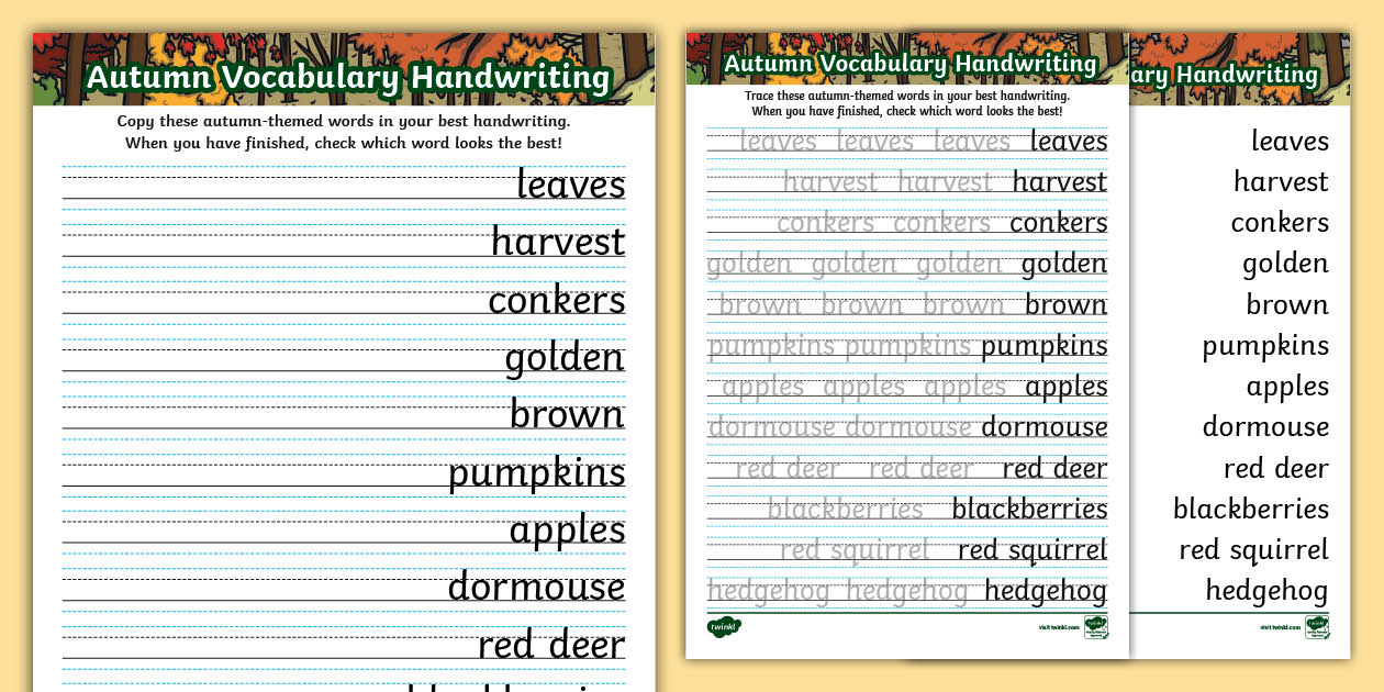 Autumn Vocabulary Left-Handed Handwriting Activity Sheets