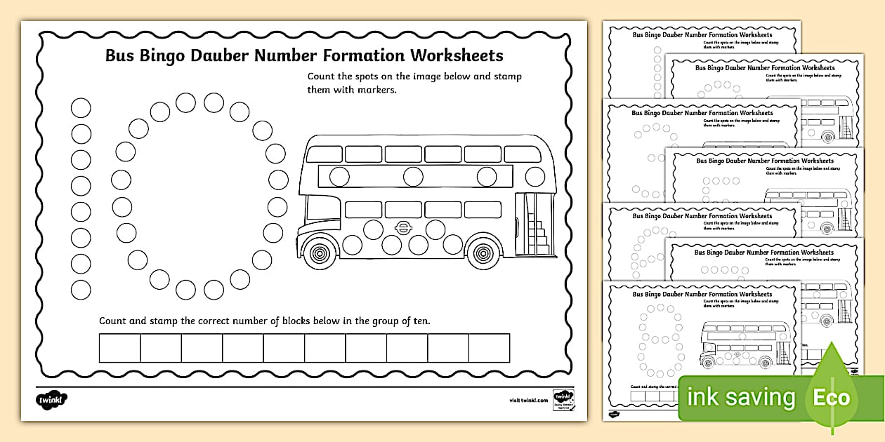 Bus Bingo Dauber Number Formation Worksheets - Twinkl