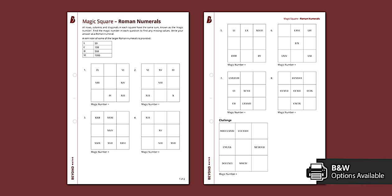 👉 Magic Square - Learning Roman Numerals Worksheet | KS3 Maths