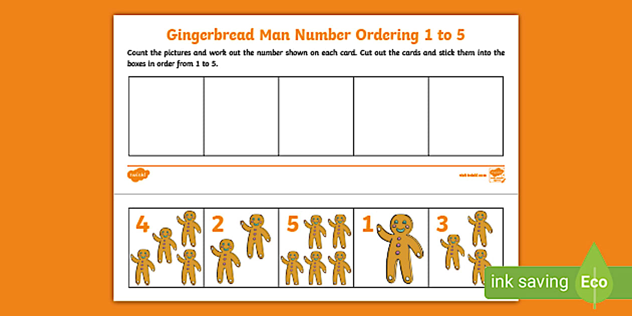 👉 The Gingerbread Man Themed Cut and Stick Number Ordering 1 to 5 Activity