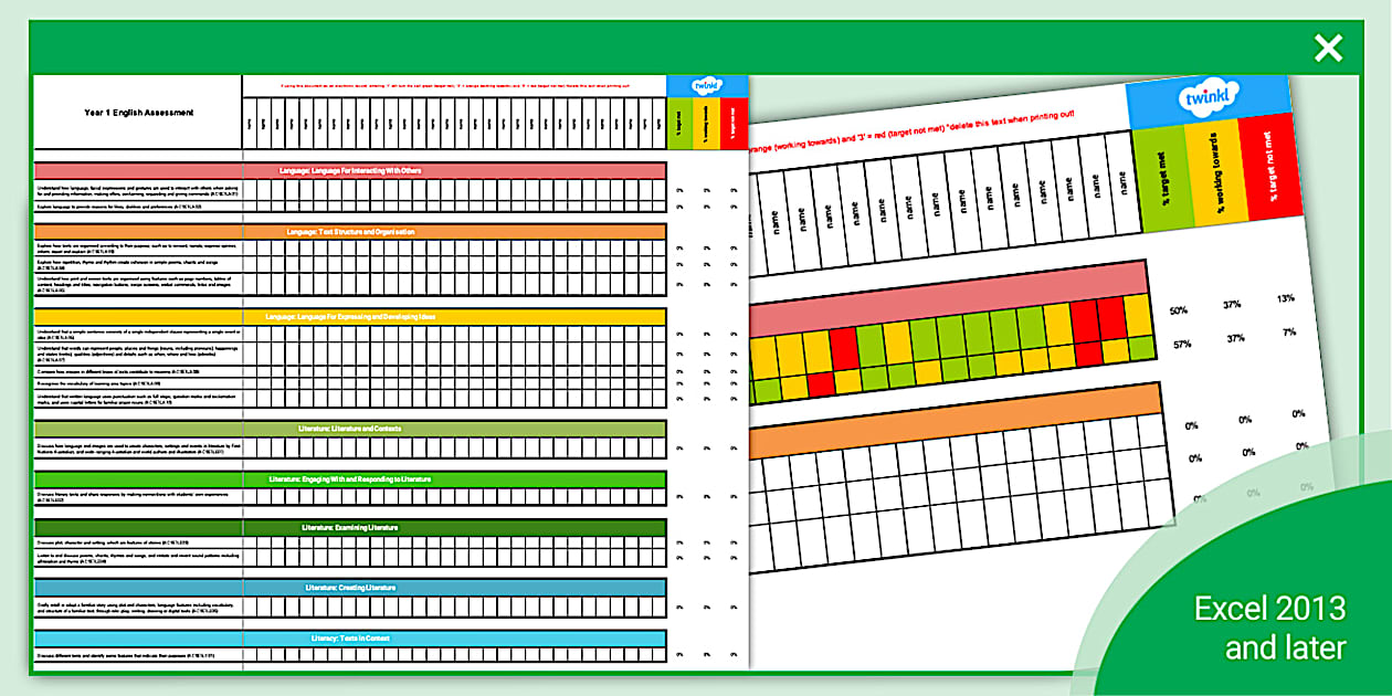 Australian Curriculum Year 1 English Assessment Spreadsheet - australia