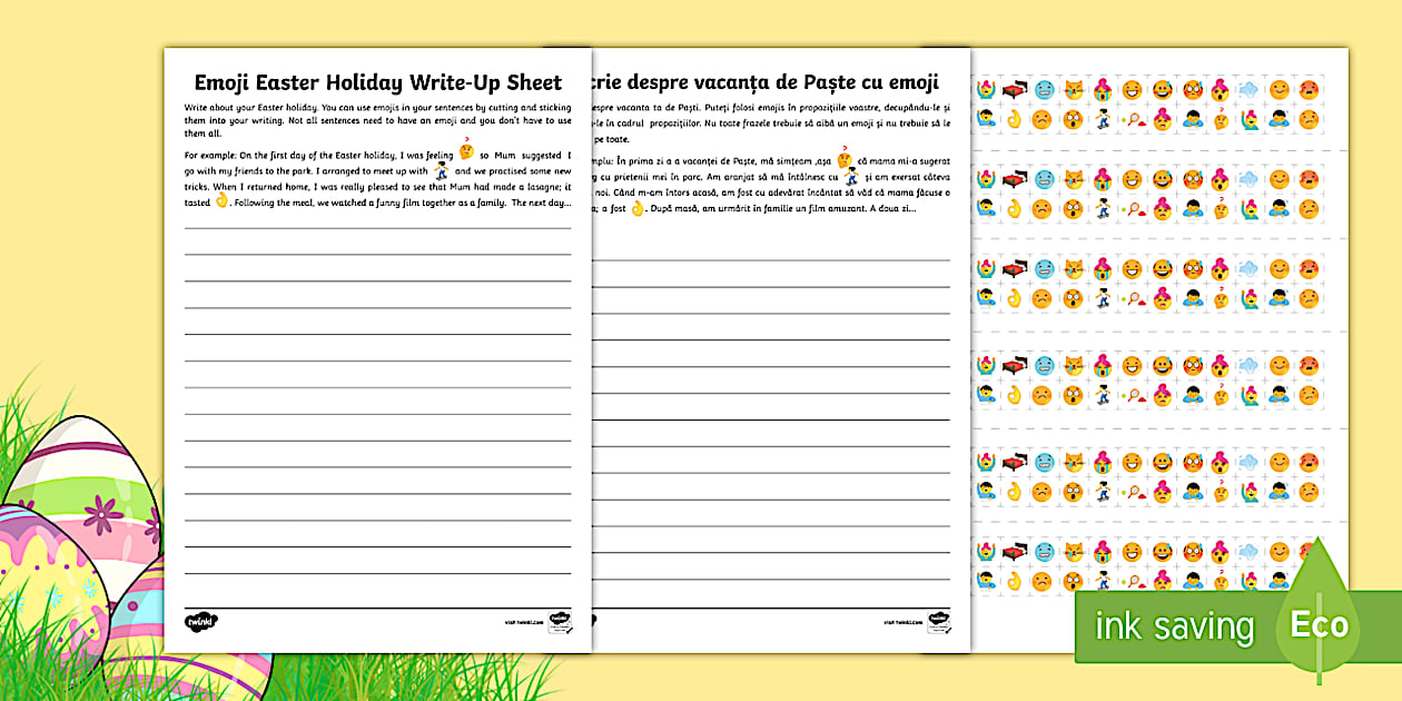 😊 KS2 Emoji Easter Holiday Write Up Worksheet - English/Romanian