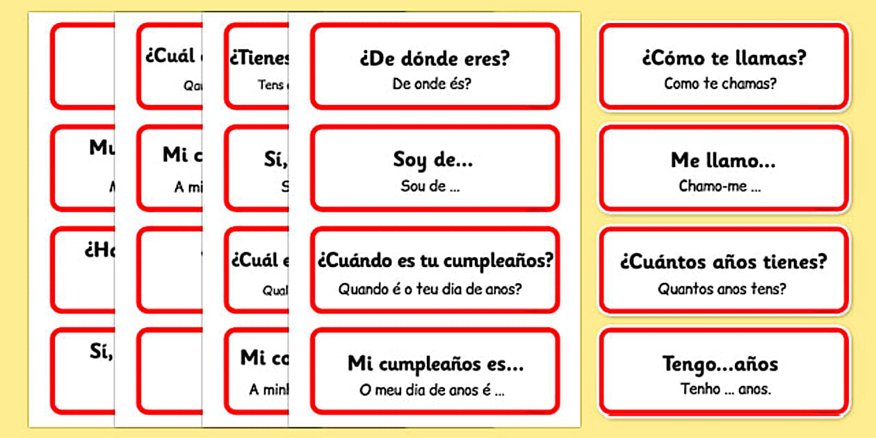 Spanish Basic Phrases Word Cards Portuguese Translation