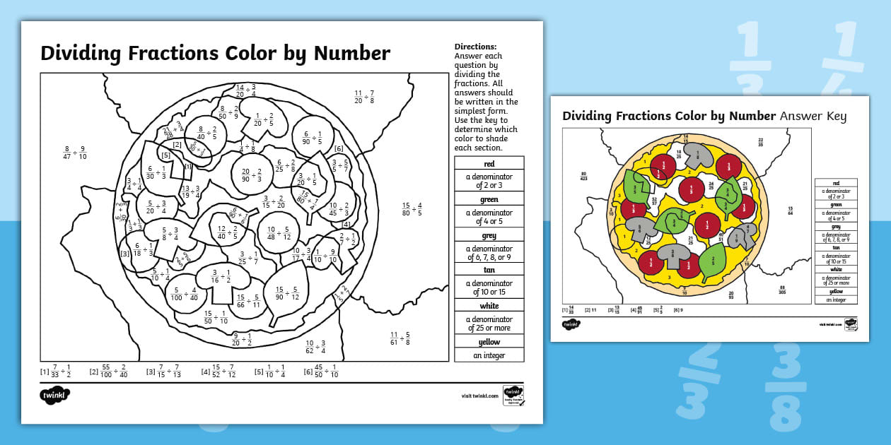 Sixth Grade Dividing Fractions Color by Number Pizza Worksheet