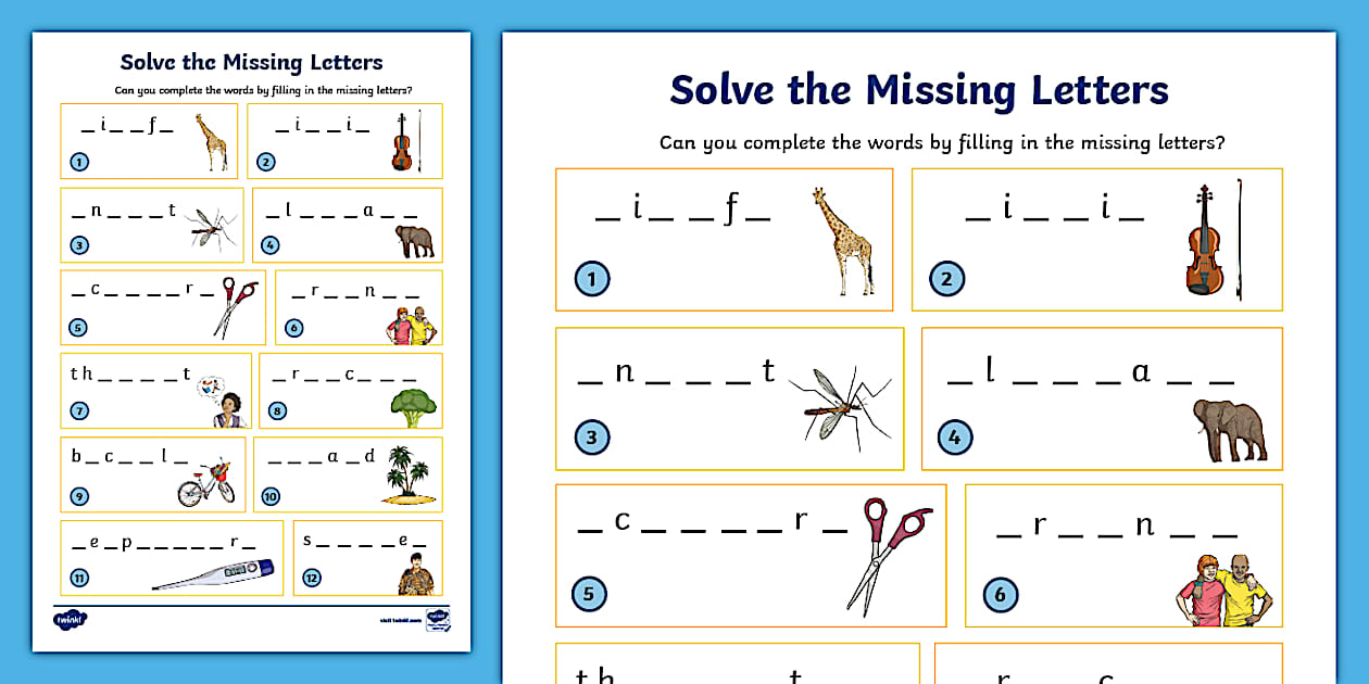 Solve the Missing Letters Activity Worksheet (teacher made)