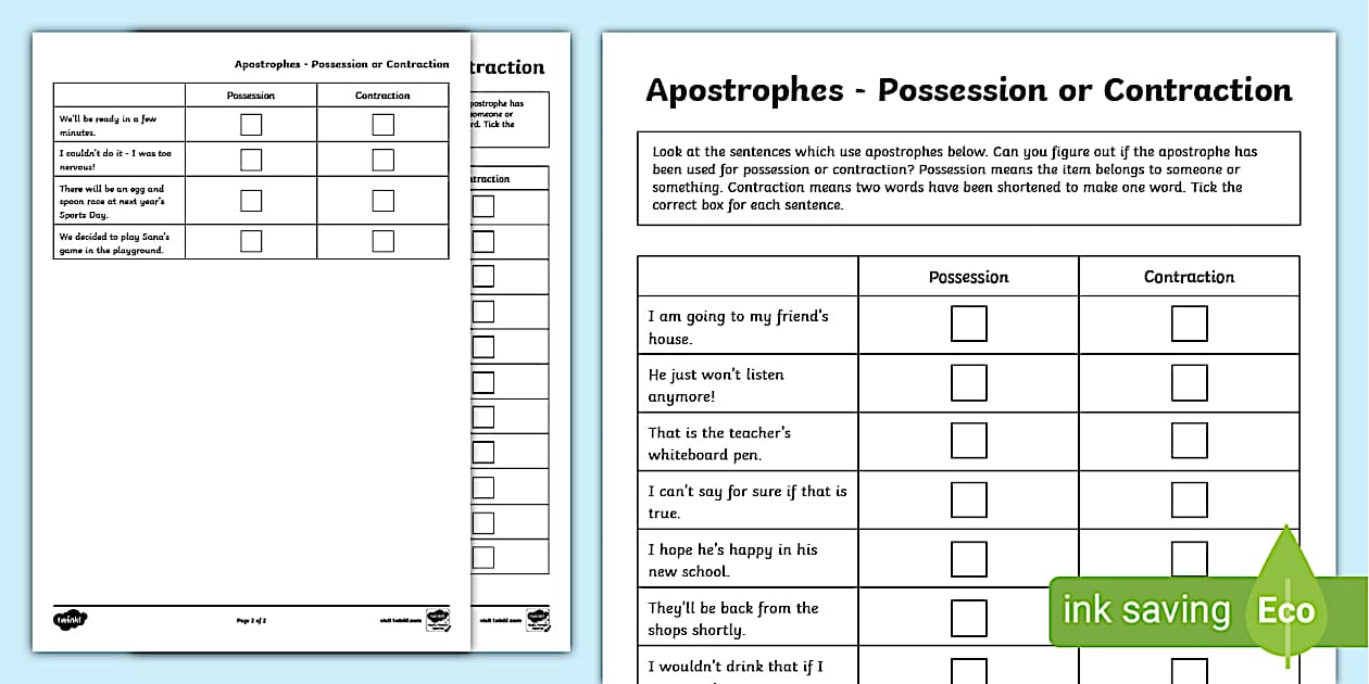 Apostrophes - Possession or Contraction Worksheet | English