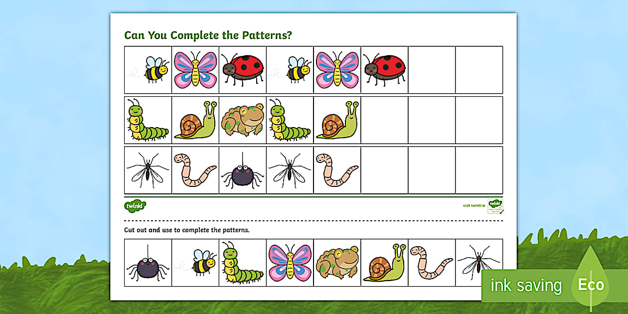 Minibeasts Complete the Pattern Worksheet - Twinkl