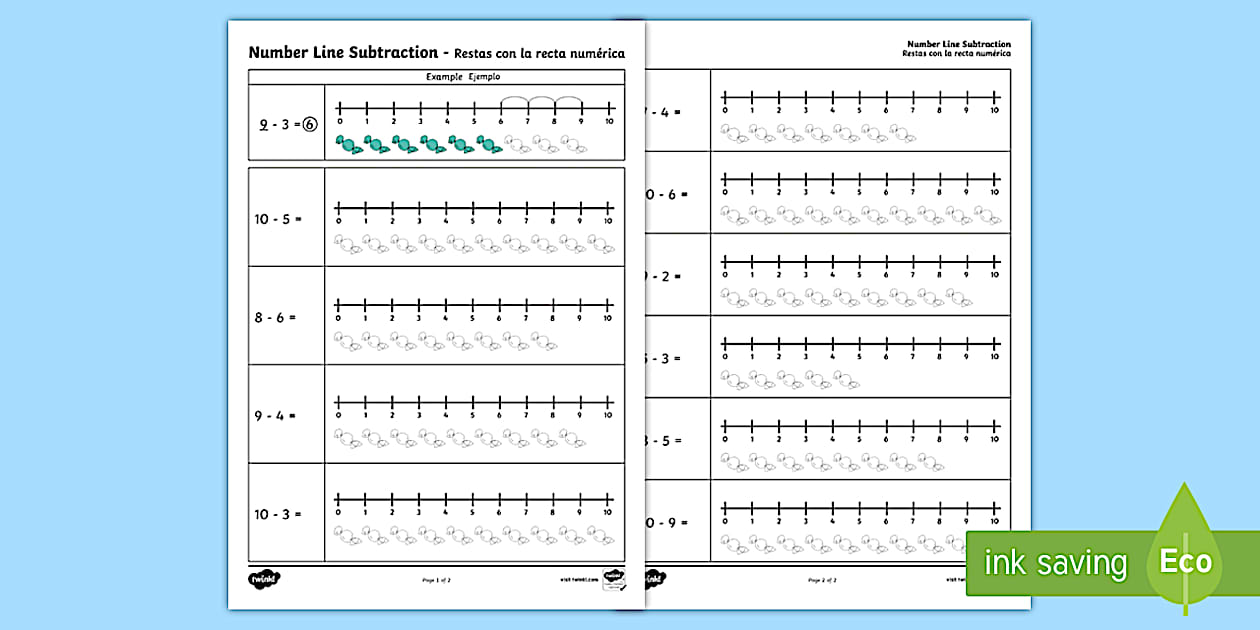 Subtraction From 10 Number Line Worksheet English/Spanish