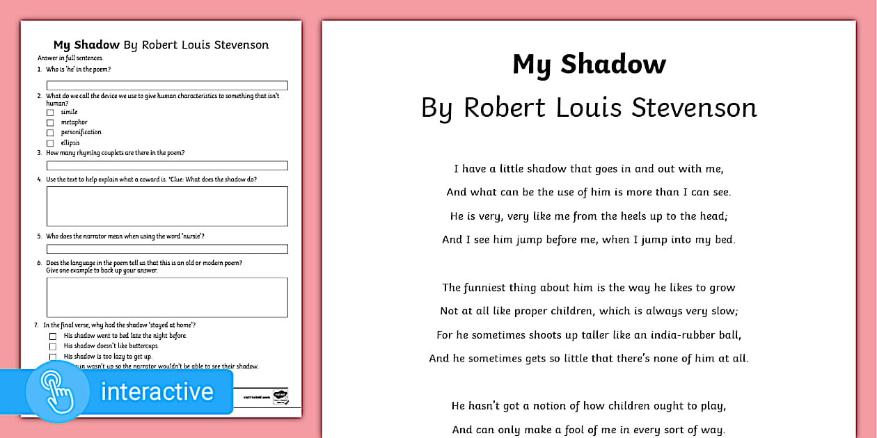 Interactive PDF: My Shadow by Robert Louis Stevenson Poetry Differentiated