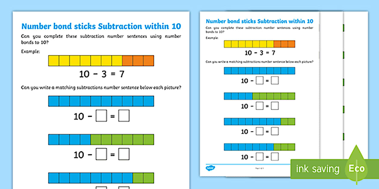 Number Bond Sticks Subtraction within 10 Worksheet - Twinkl