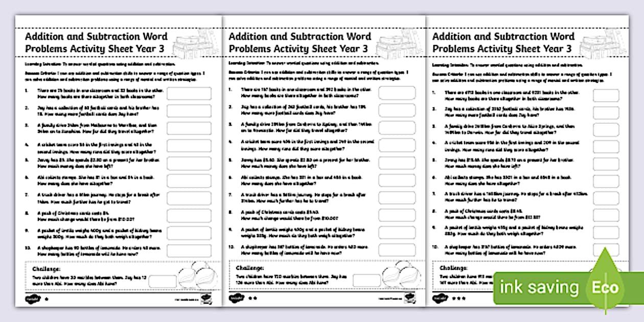 Editable Addition And Subtraction Word Problems Worksheet Year 3