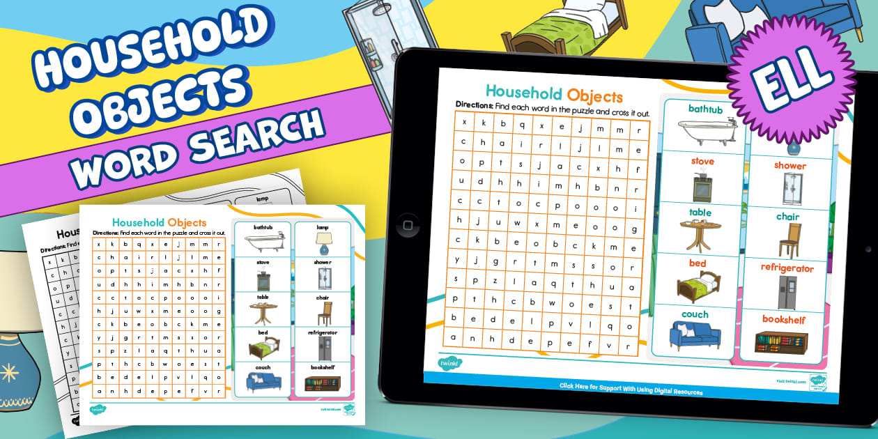 Household Objects Word Search for ELL (teacher made)