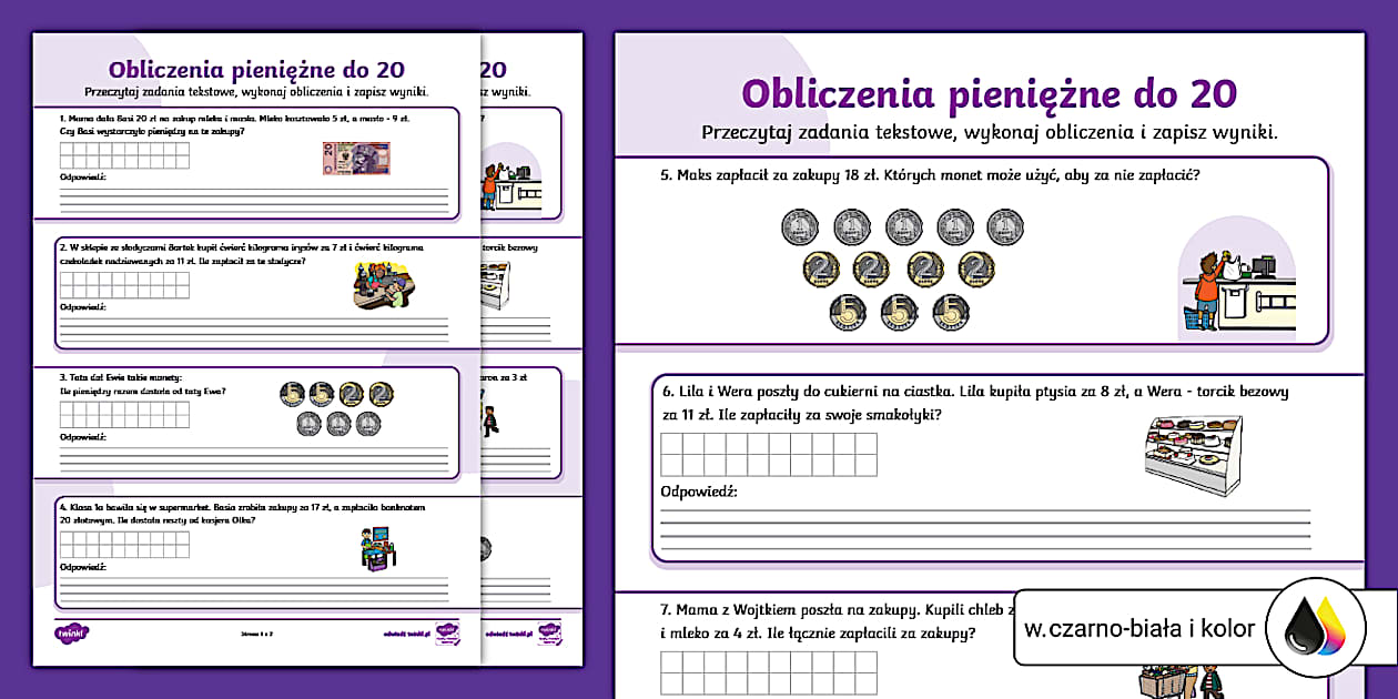 Obliczenia pieniężne w zakresie 20 | Zadania tekstowe