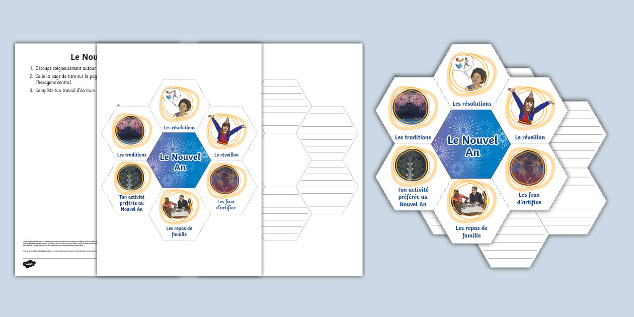 Modèle d'écriture hexagonal : Le Nouvel An - Twinkl