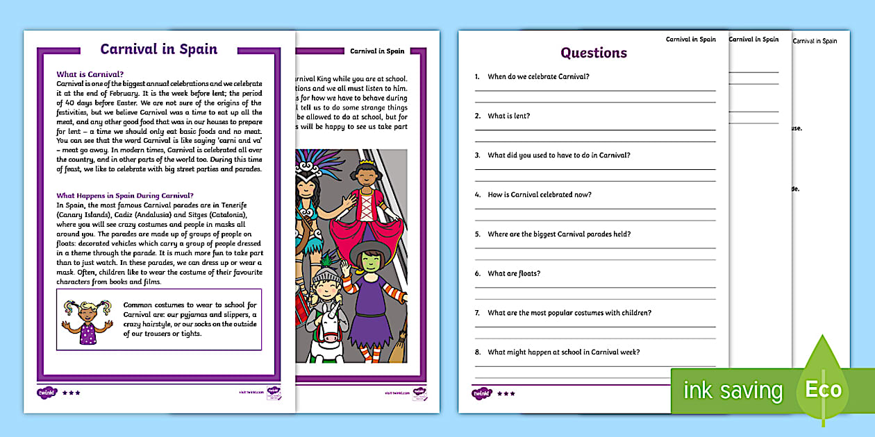 KS1 Reading Comprehension Activity: Carnival in Spain