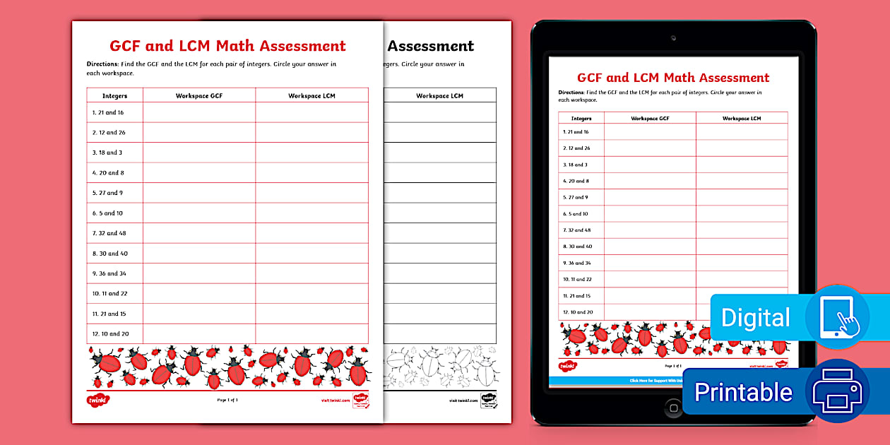 Sixth Grade GCF and LCM Math Assessment (teacher made)