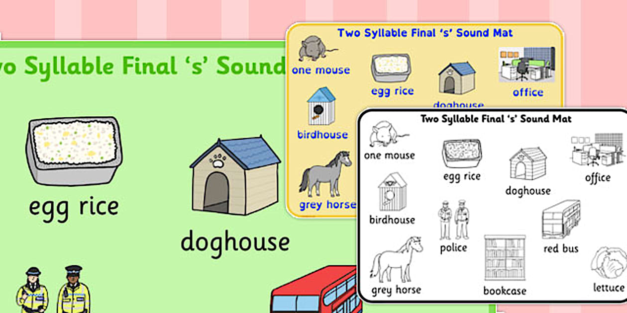 Black and White Two Syllable Final 'S' Sound Word Mat