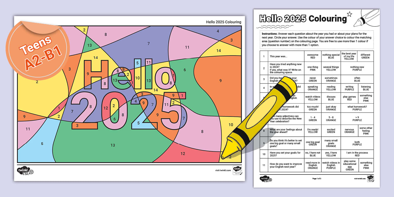 ESL Hello 2025 Colouring Activity Sheet for Teens - Twinkl