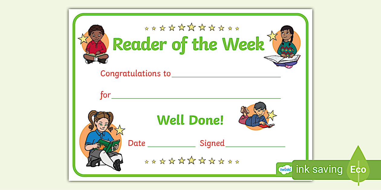 Reader of the Week Certificate (teacher made) - Twinkl