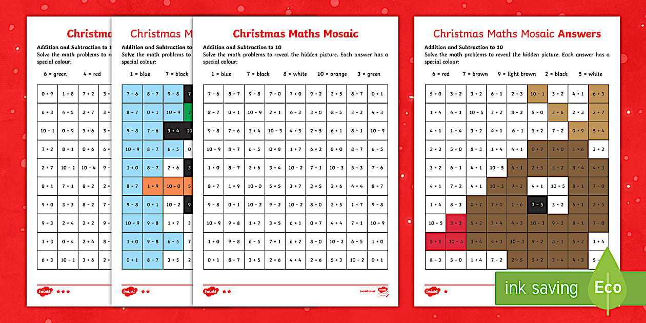 Christmas Maths Mosaic Calculations within 10 Worksheet / Worksheets