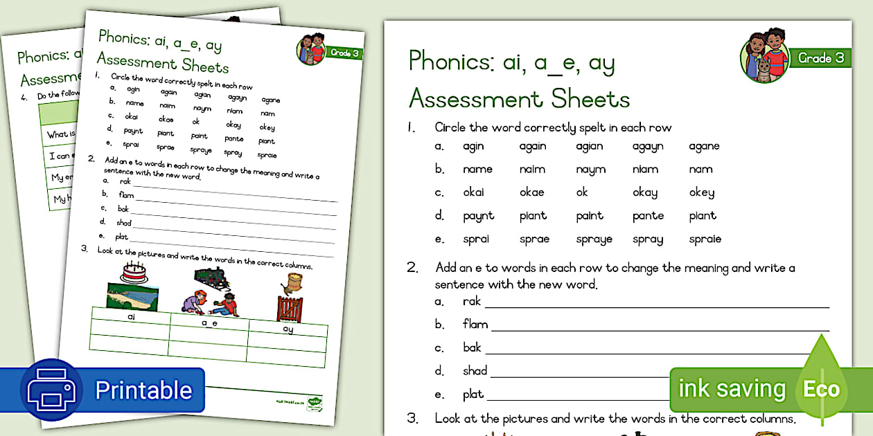 Grade 3 Phonics ai a_e ay: Assessment Sheet (Written)