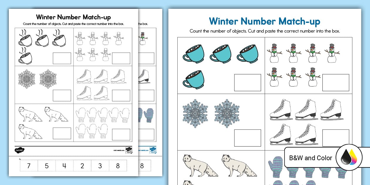 Winter Number Match-up Cut and Paste Worksheet - Twinkl