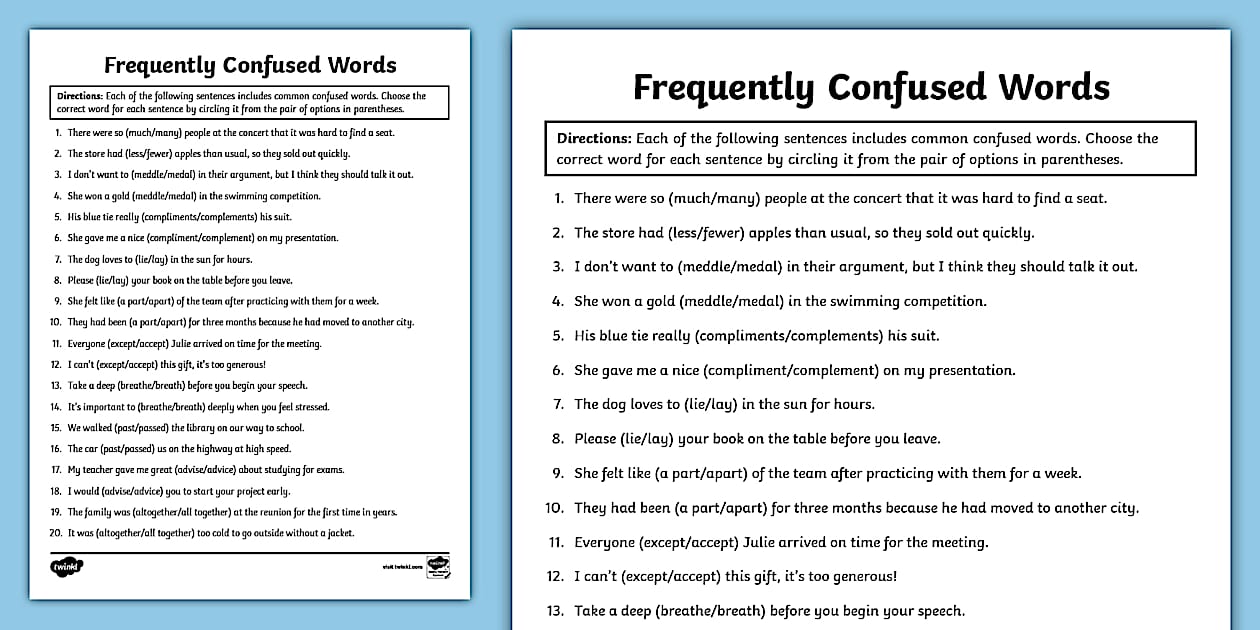 7th Grade Frequently Confused Words Worksheet | Twinkl USA