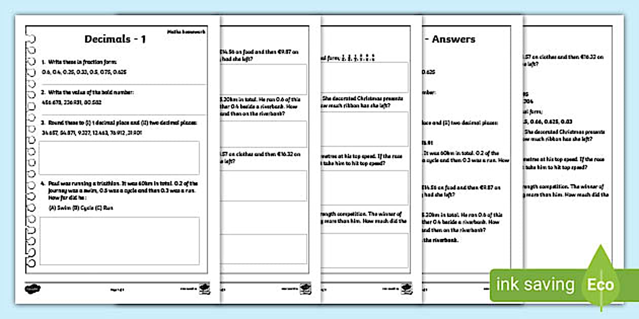 Maths Homework - Decimals 1 (teacher made) - Twinkl