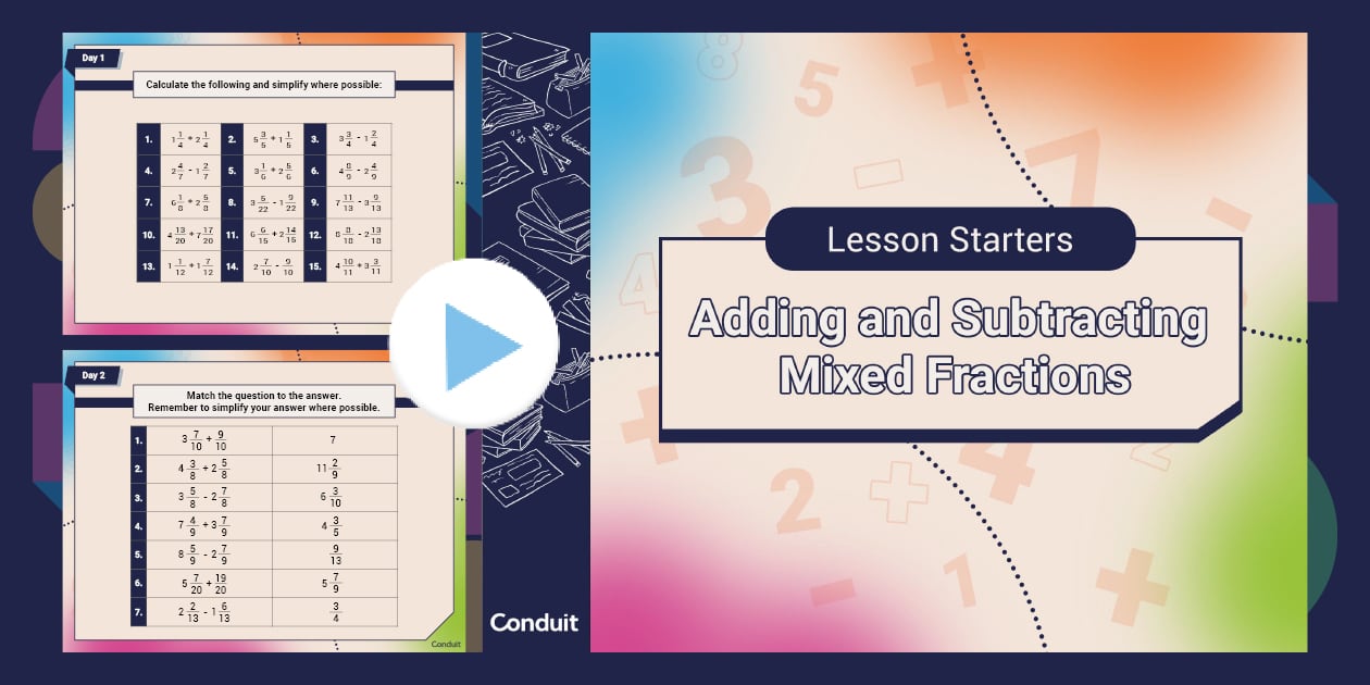 Adding and Subtracting Mixed Fractions Five Lesson Starters