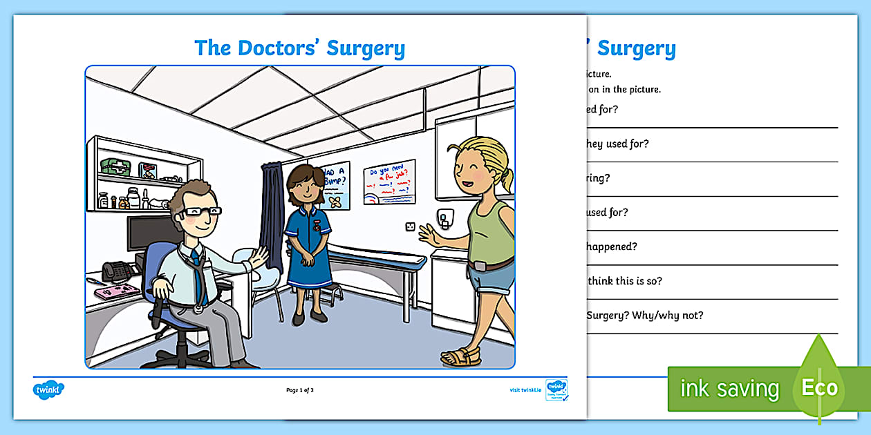 Black and White The Doctors' Surgery Aistear Oral Language Worksheets