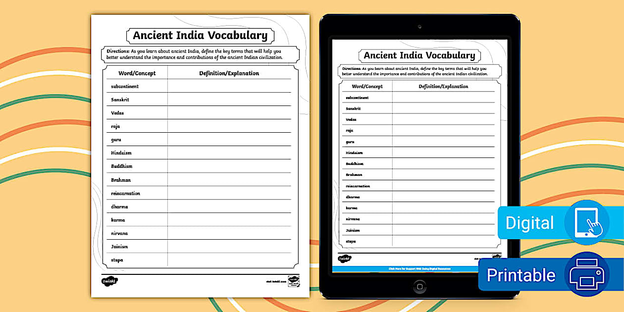 Sixth Grade Ancient India Vocabulary Worksheet - Twinkl