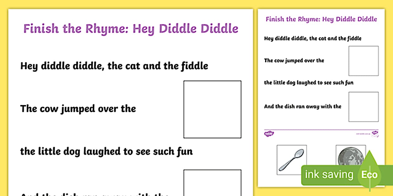 TAS Finish the Rhyme: Hey Diddle Diddle Worksheet - Twinkl