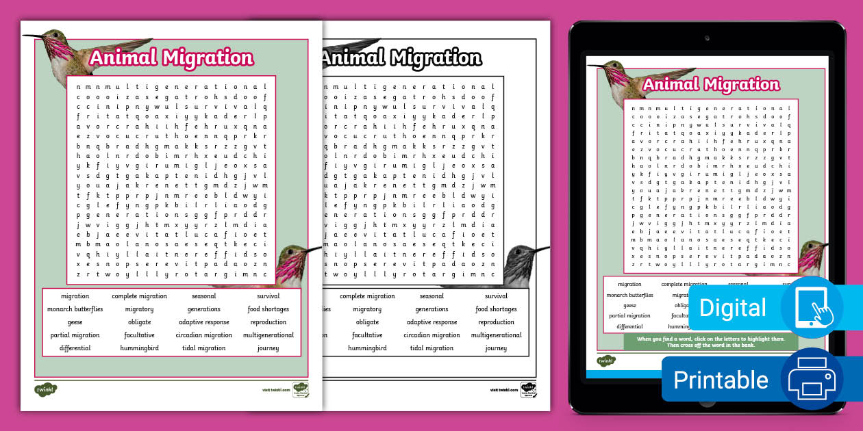 Animal Migration Word Search for 6th-8th Grade - Twinkl