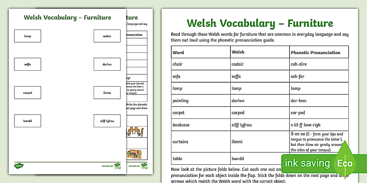 Learn Welsh: Basic Vocabulary Furniture Match Activity Sheet