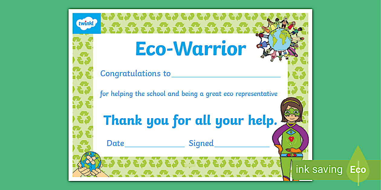 Editable Eco Warrior Award Certificate (teacher made)