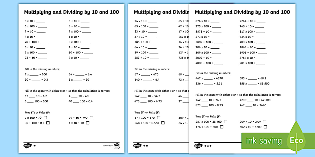 Multiplying and Dividing by 10 and 100 Worksheets - Twinkl