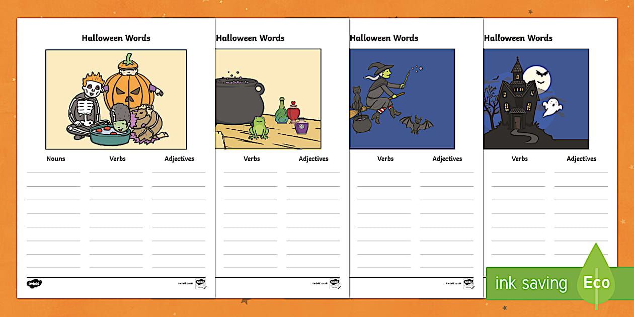 Halloween Verb Adjective and Noun Picture Worksheet