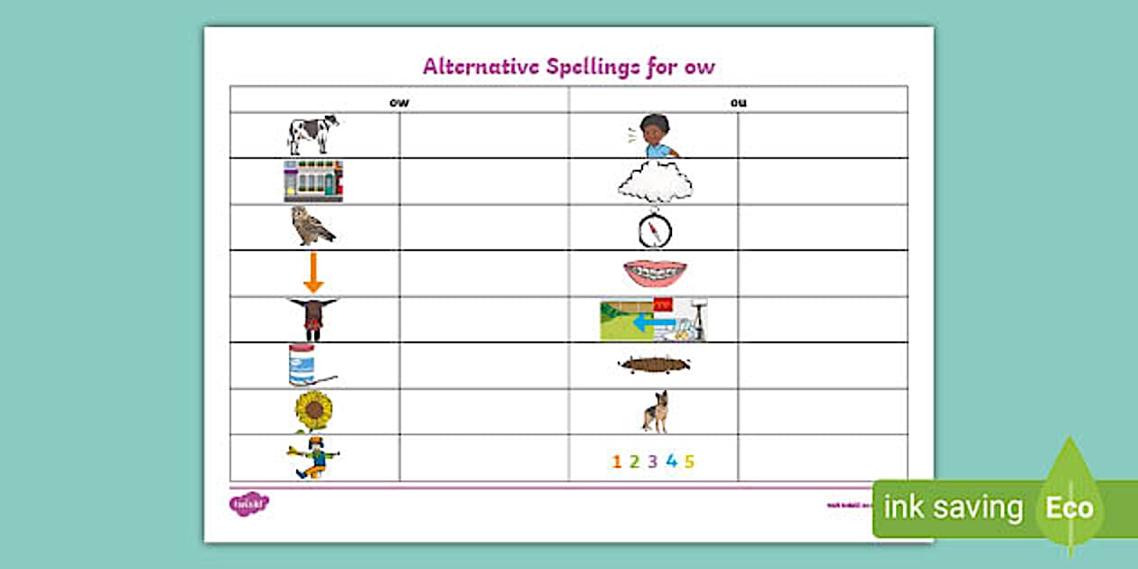 Alternative Spellings ow/ou Table Worksheet - Twinkl