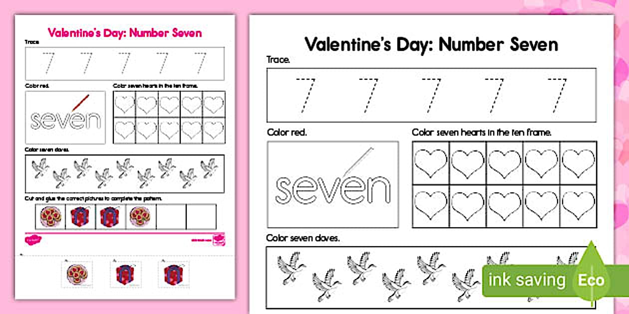 Valentine’s Day Number Seven Worksheet for Kids | Twinkl
