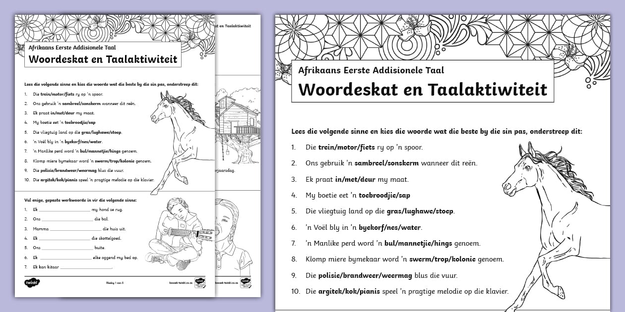 Afrikaans Eerste Addisionele Taal: Woordeskat en Taal Aktiwiteitsblad