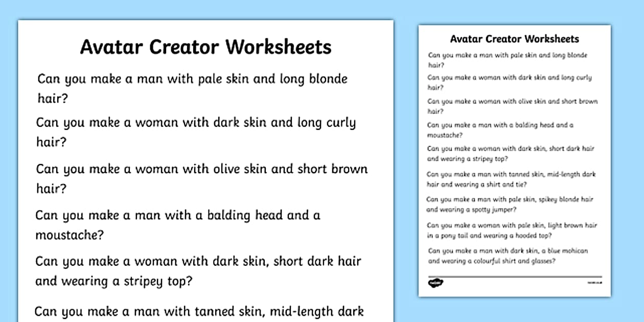 Avatar Creator Worksheets (teacher made) - Twinkl