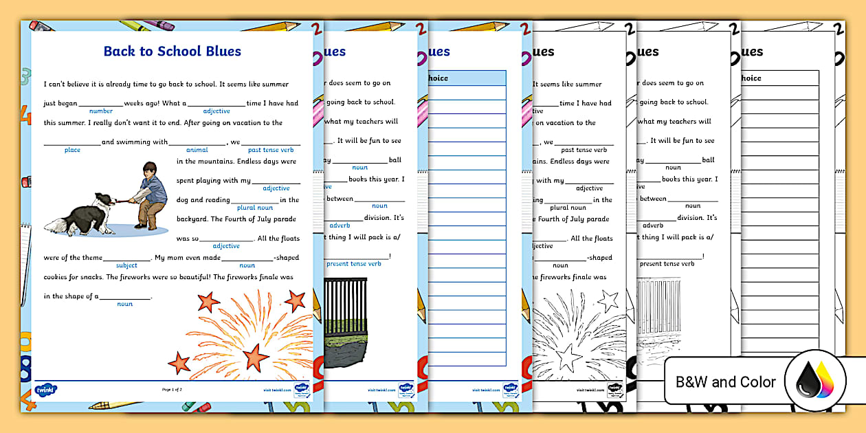 Back to School Blues Laugh Libs for 3rd-5th Grade - Twinkl