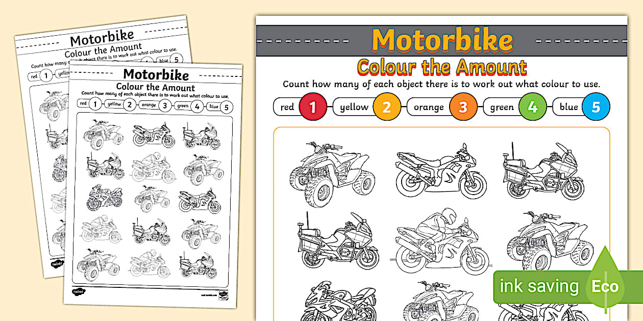 👉 Motorbike Colour the Amount Worksheet (teacher made)