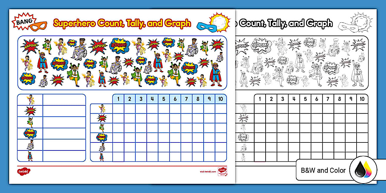 First Grade Superhero Count, Tally, and Graph Worksheet