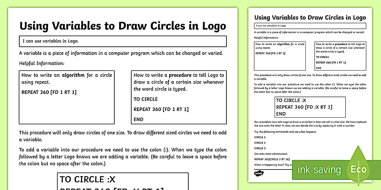Using Variables to Draw Circles in Logo Worksheet / Worksheet