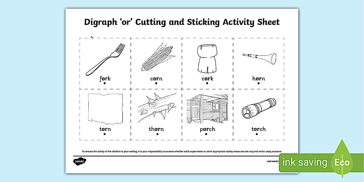 'or' Digraph Cut and Stick Activity Sheet (teacher made)