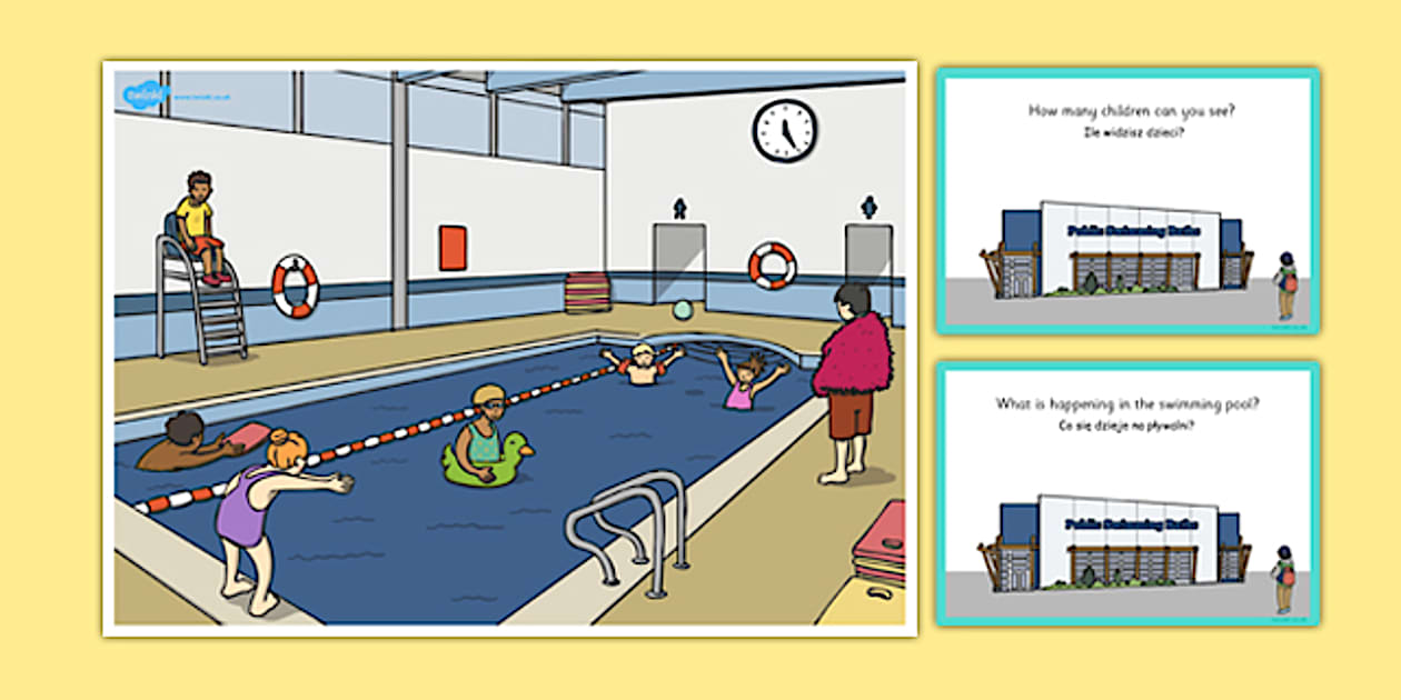 Swimming Pool Scene and Question Cards Polish Translation